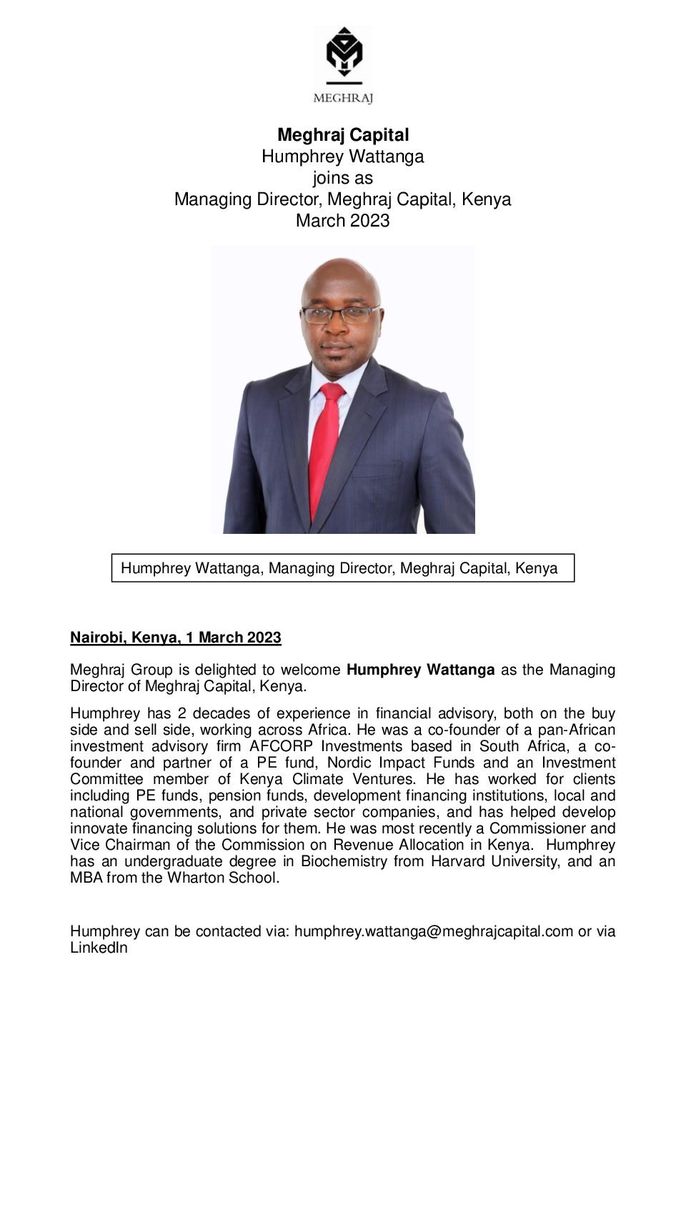 Meghraj Capital Welcomes Humphrey Wattanga as a New Managing Director ... Meghraj Capital Welcomes Humphrey Wattanga as a New Managing Director ...